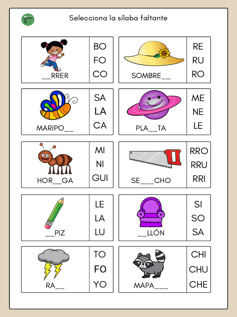 CONCIENCIA SILABICA. Selecciona La Silaba Faltante | PDF
