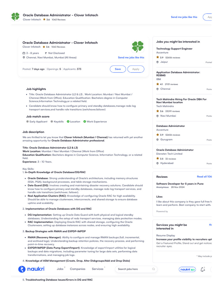Oracle DBA Openings at Clover Infotech | PDF | Databases | Computing