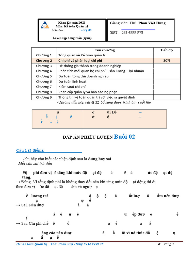 KTQT Buổi.02 Luyện tập Đáp Án BHT T2 | PDF