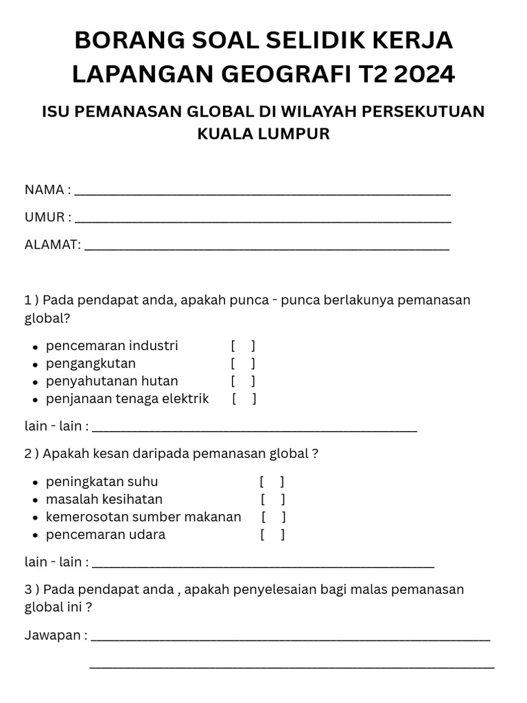 Borang Soal Selidik Kerja Lapangan Geografi t2 2024 (1) | PDF