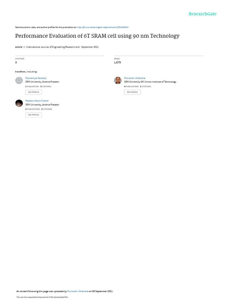 Performance Evaluation of 6t Sram Cell Using 90 Nm Technology IJERTV10IS090027 | PDF | Computer ...