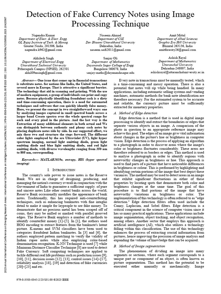 Detectionoffakecurrencynotesusingimageprocessingtechnique Pdf Image Segmentation