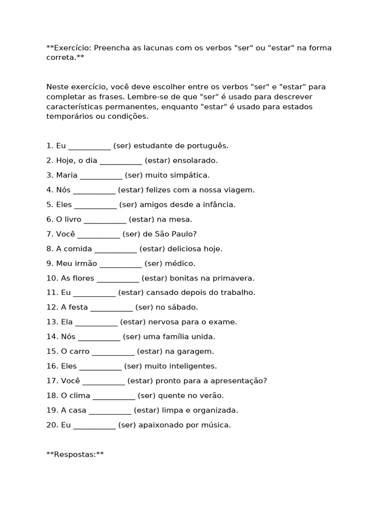 Exercício sobre verbos ser e estar | PDF