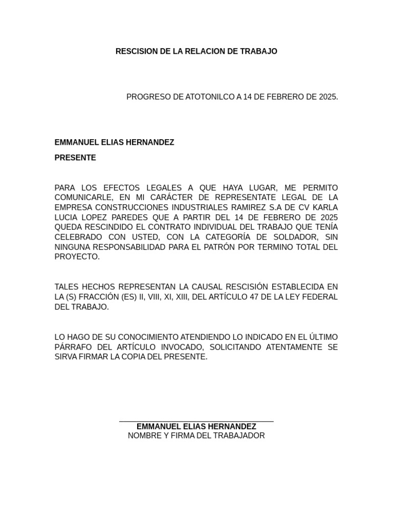 Rescisión de Contrato Laboral 2025 | PDF