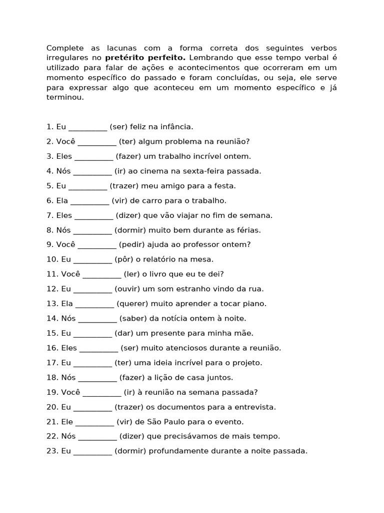 Verbos Irregulares Pretérito Perfeito | PDF