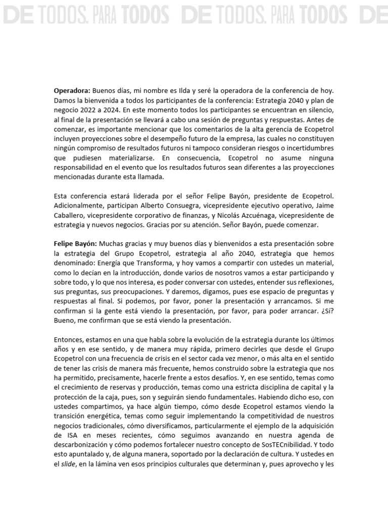 Transcript Estrategia 2040 Plan de Negocios 2022 - ESP | PDF | Economía baja en carbono ...