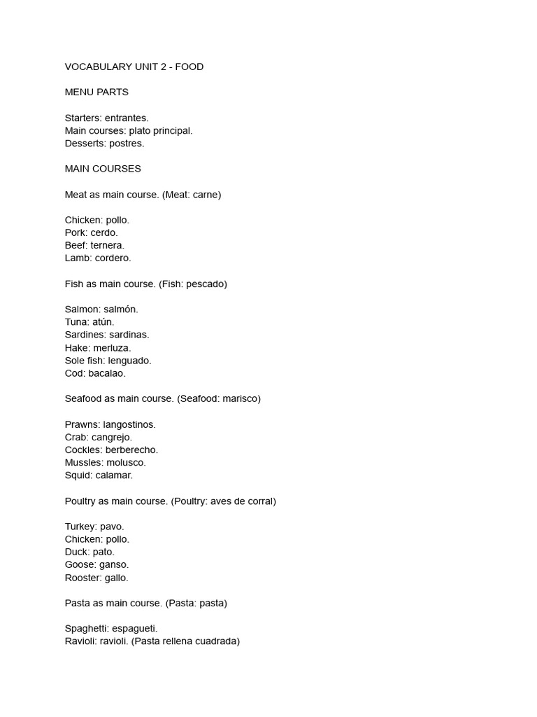 Food Vocabulary Unit 2 Guide | PDF