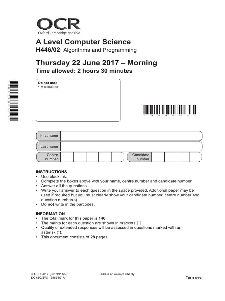 h446 02 June 2017 QP Ocr A Level Computer Science | PDF | Time Complexity | Pointer (Computer ...