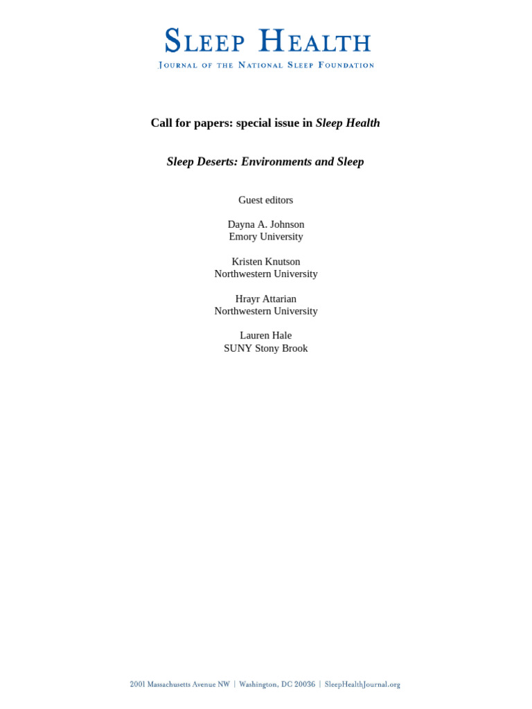 Sleep Deserts Special Issue Request For Papers | PDF | Sleep | Health ...