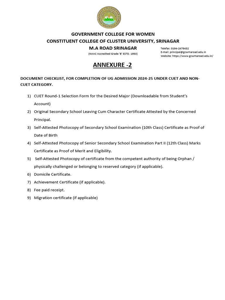 Annexure - 2: Government College For Women Constituent College of Cluster University, Srinagar M ...