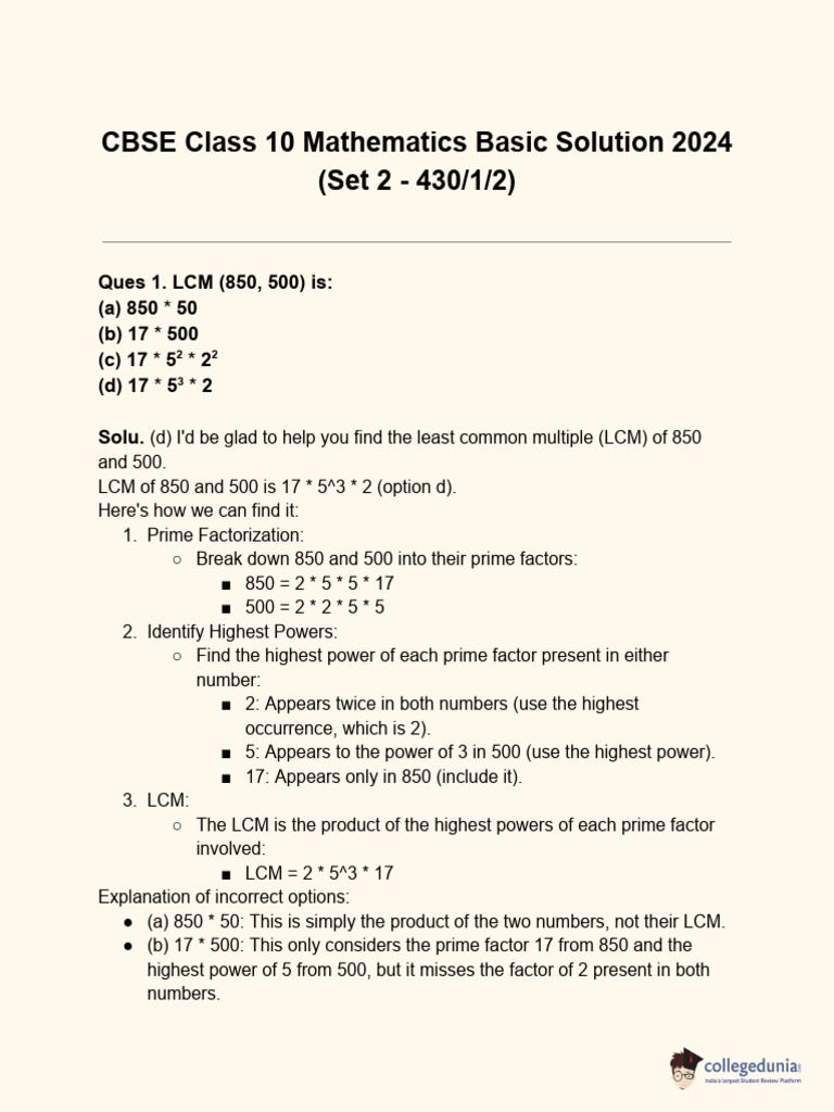 CBSE Class 10 Mathematics Basic Solution 2024 Set 2 430-1-2 | PDF | Area | Equations