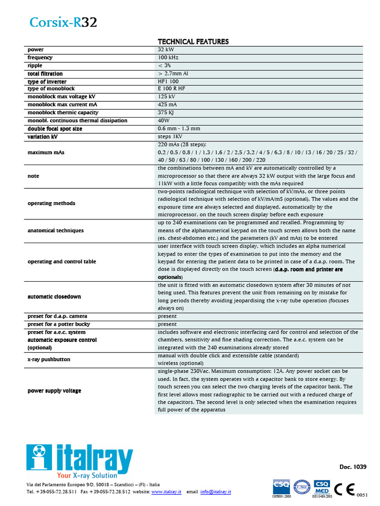 Technical Specifications for Corsix X-Ray System | PDF | Touchscreen ...