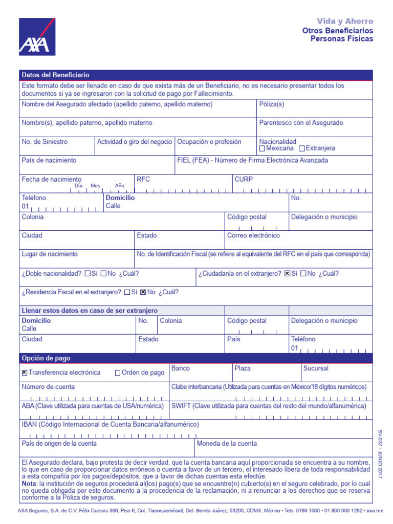 Formato de Beneficiarios AXA Seguros | PDF | Seguro | Póliza de seguros