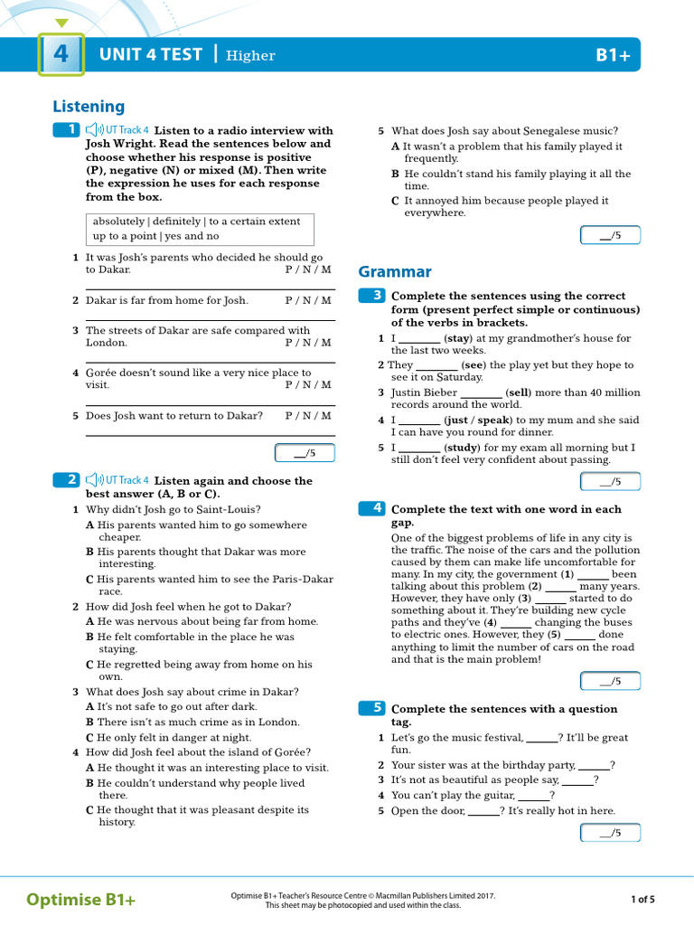 OPT B1plus Unit Test 4 Higher | PDF
