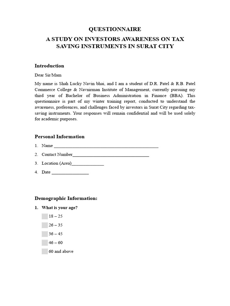 Questionnaire Final | PDF | Taxes | Financial Services