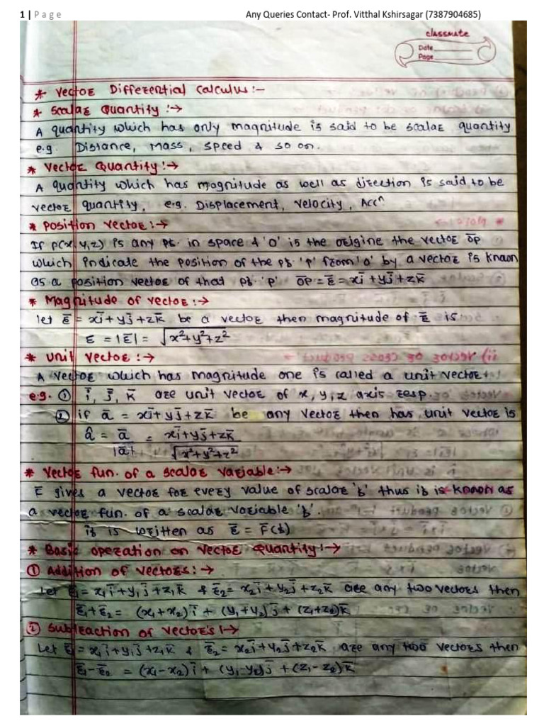 Unit-V Vector Calculus EM-III Hand Written Notes | PDF