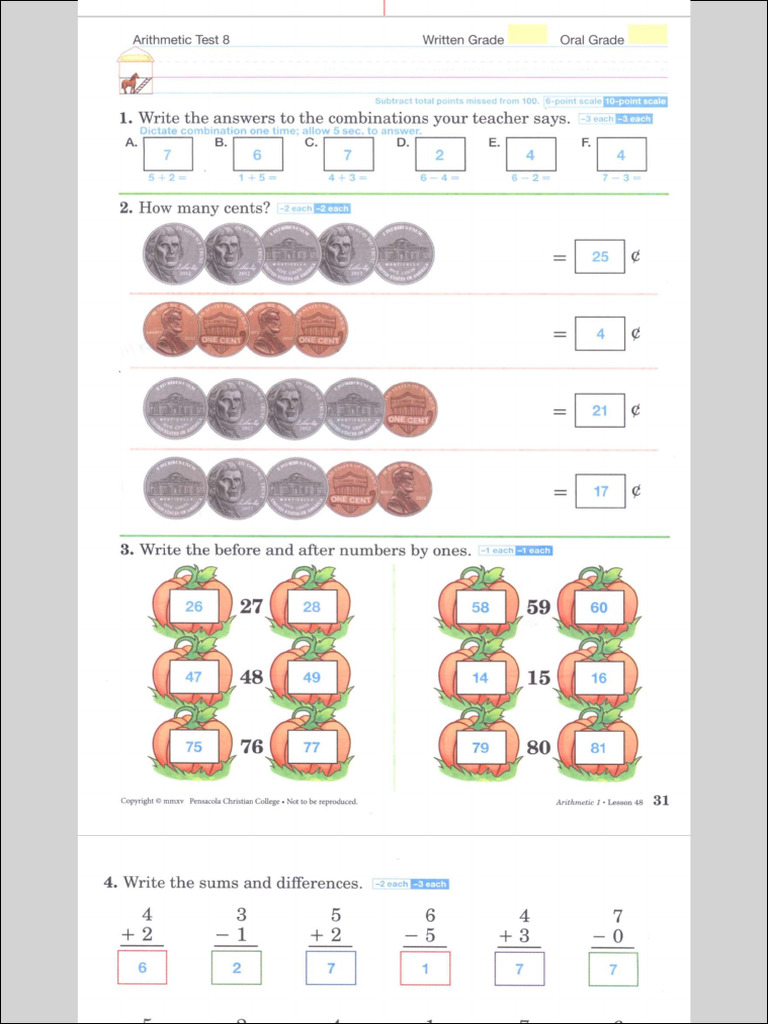 Arithmetic 1 Tests and Speed Drills Teacher Key 2nd Edition Abeka ...