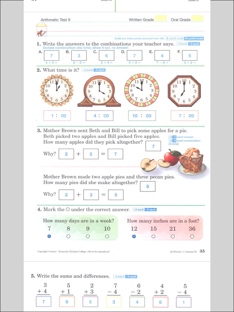 Arithmetic 1 Tests and Speed Drills Teacher Key 2nd Edition Abeka ...