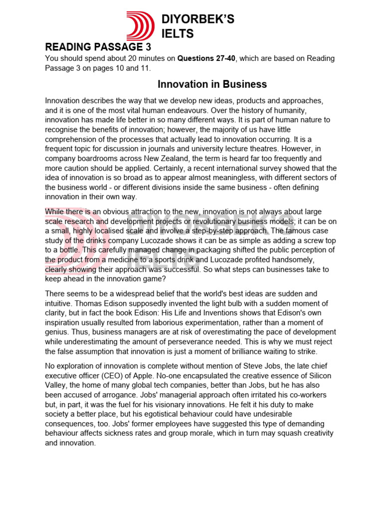 DAY 23 Passage 3 Innovation in Business | PDF | Innovation