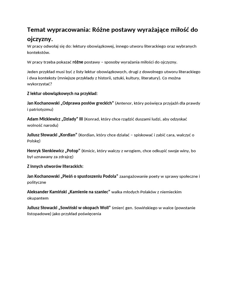 Temat Wypracowania Różne Postawy Wyrażajace Miłość Do Ojczyzny | PDF