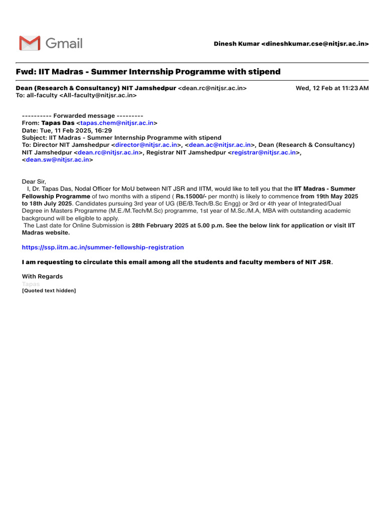 FWD - IIT Madras - Summer Internship Programme With Stipend | PDF