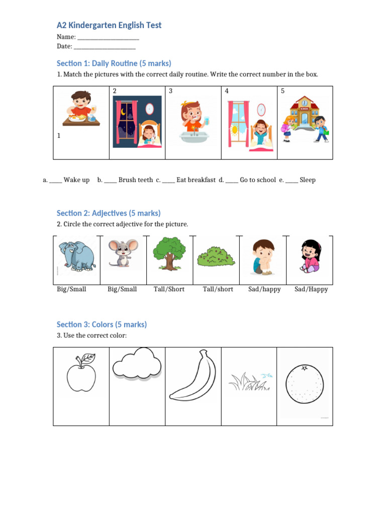 A2 Kindergarten English Assessment | PDF