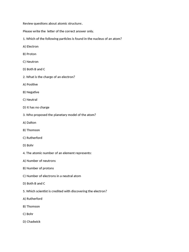 Atomic Structure Review Questions | PDF