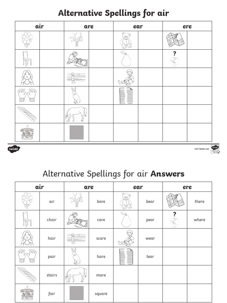T L 8629b New Alternative Spellings Air Are Ear Table Activity Sheet ...