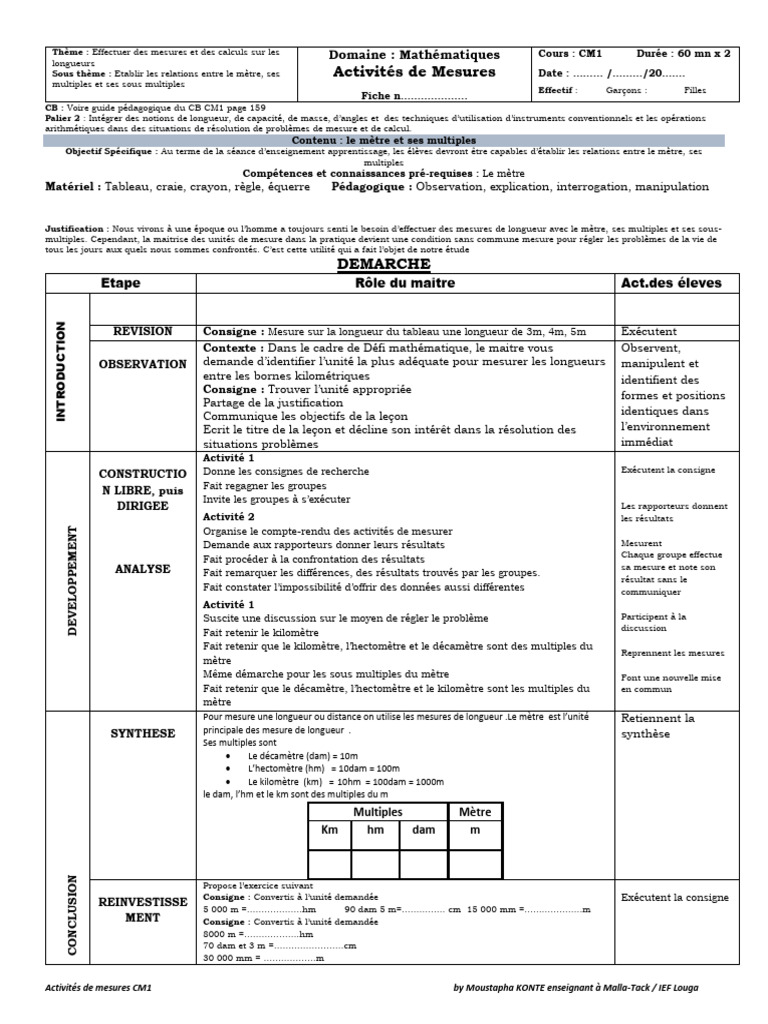 Activite de Mesure Cm1 | PDF | Pédagogie | Mètre