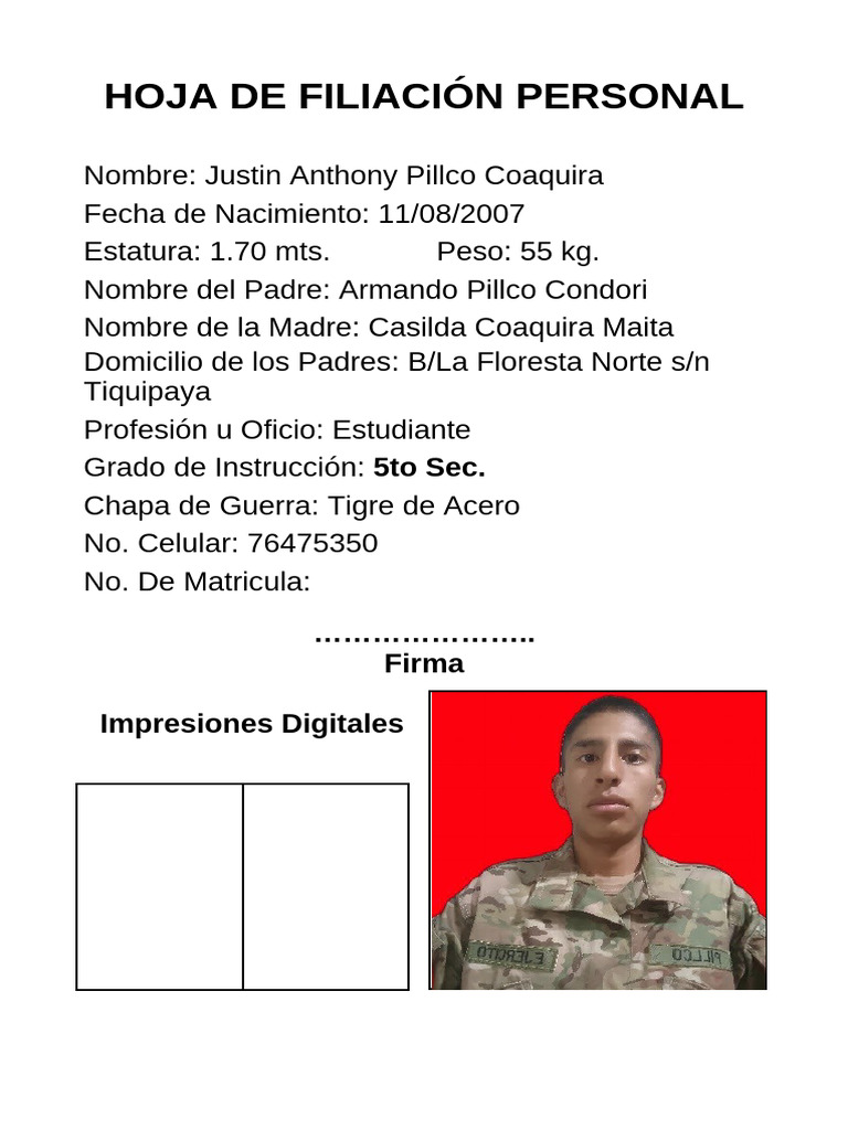 Justin Anthony Pillco Coaquira (Hoja de Filiación Personal) | PDF
