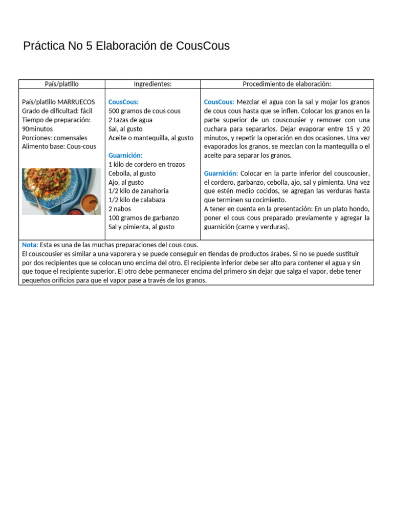 Práctica No 5 Elaboración de CousCous | PDF | Vegetales | sal
