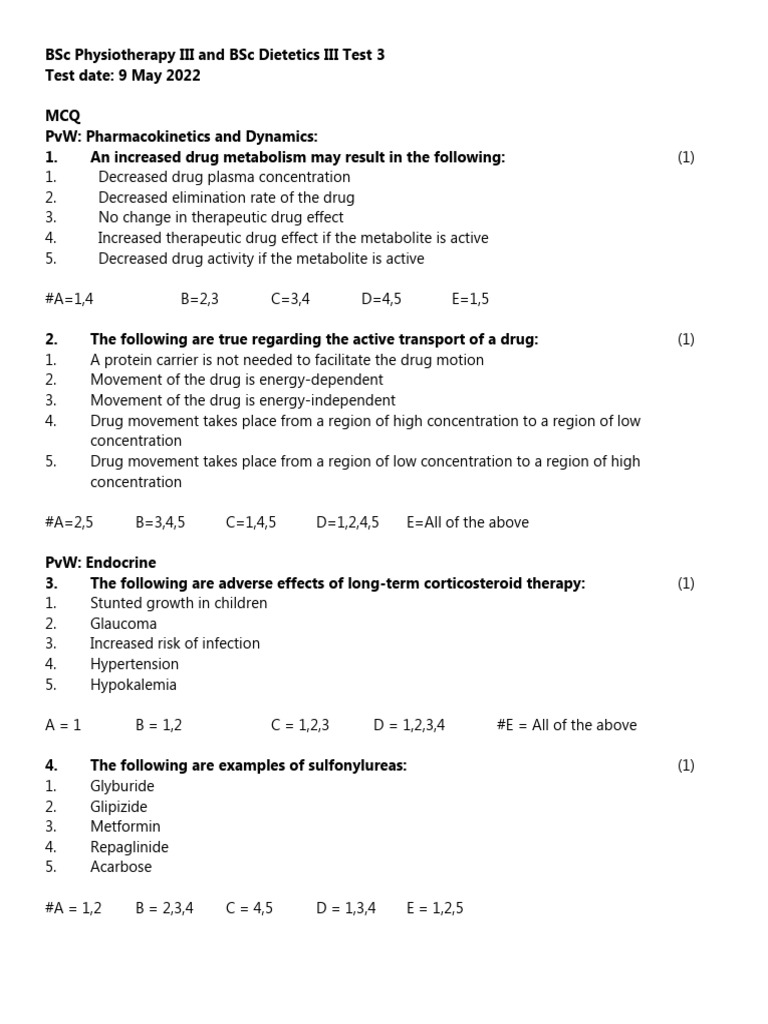 Physio III and Dietetics III Test 3 Memo For Blackboard | PDF | Drugs ...