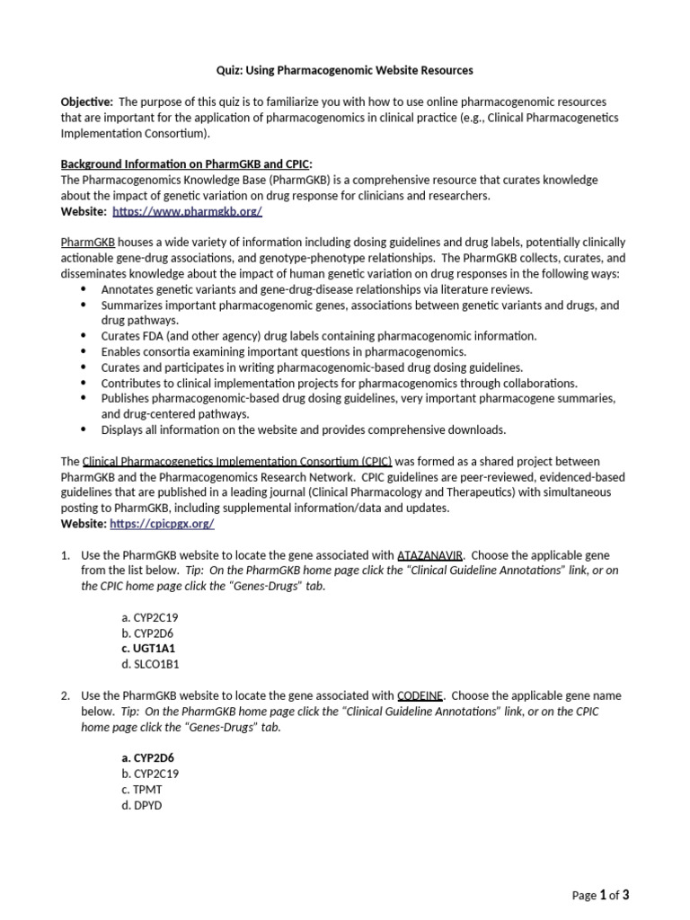 Pharmacogenomics Quiz Using PharmGKB | PDF | Pharmacogenomics ...