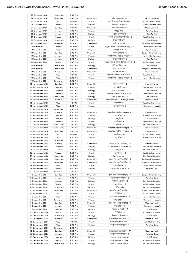 ACS Varsity Admission Private Batch 24 Routine - Update Class Outline | PDF