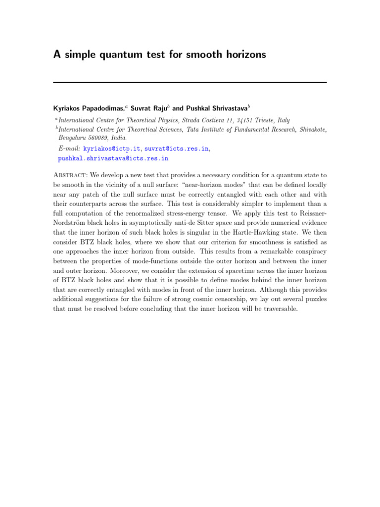 Quantum Test for Smooth Black Hole Horizons | PDF | Black Hole | Event ...