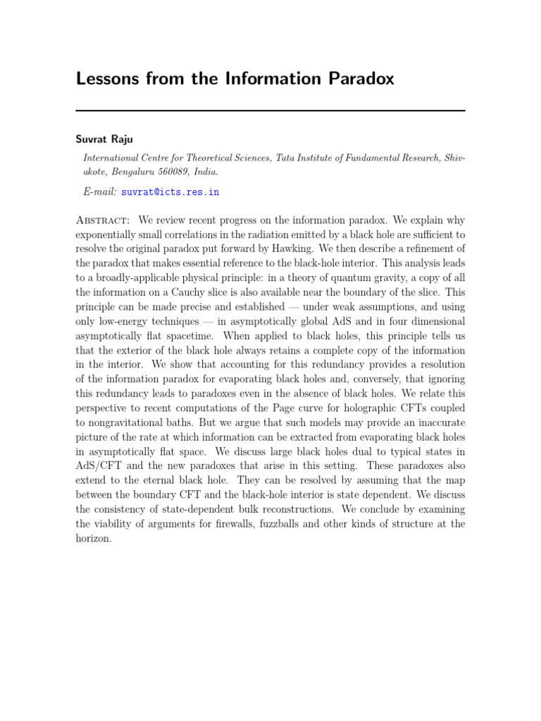 Lessons From The Information Paradox - Suvrat Raju | PDF | Black Hole ...