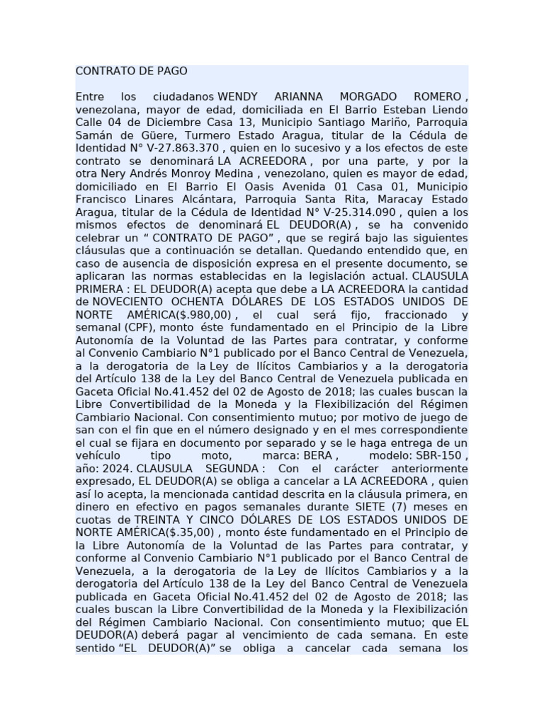 CONTRATO DE PAGO | PDF | Pagos