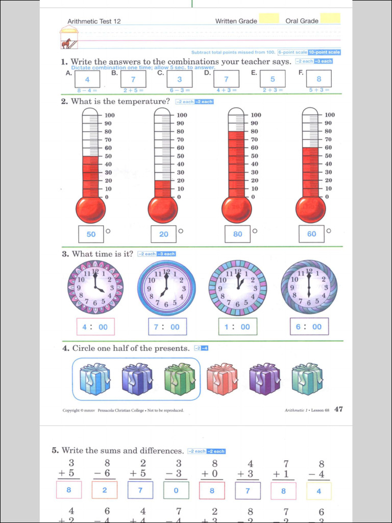 Arithmetic 1 Tests and Speed Drills Teacher Key 2nd Edition Abeka ...