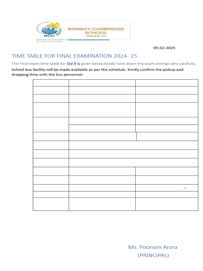 Std 9 Final Exam Timetable 2024-25 | PDF | Educational Stages | Qualifications