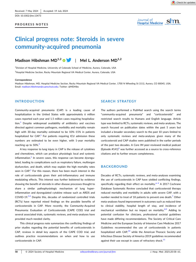 Journal of Hospital Medicine - 2024 - Hibshman - Clinical Progress Note Steroids in Severe ...