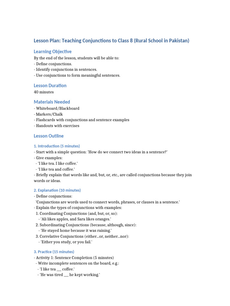 Lesson Plan Conjunctions Class8 | PDF | Sentence (Linguistics ...