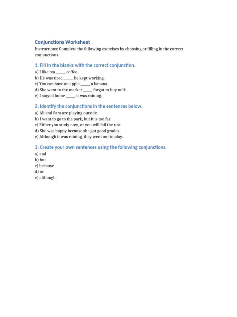 Conjunctions Worksheet Class8 | PDF