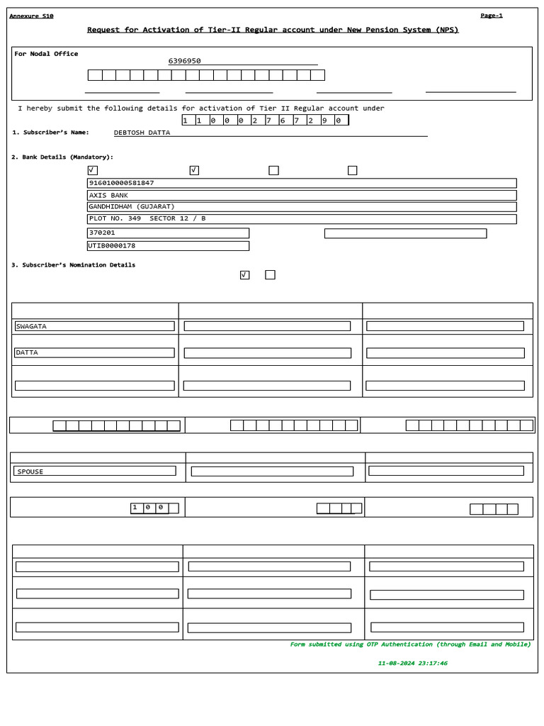 NPS Tier II Account Activation Form | PDF | Financial Services | Money