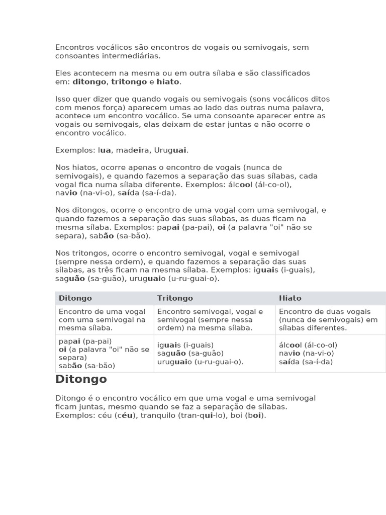 Encontros Vocálicos São Encontros de Vogais Ou Semivogais | PDF