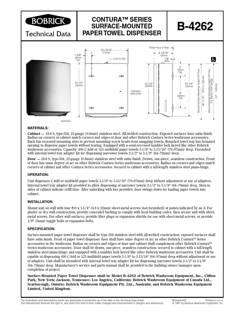 840 Dispensador Toallas B-4262 Bobrick | PDF | Sheet Metal