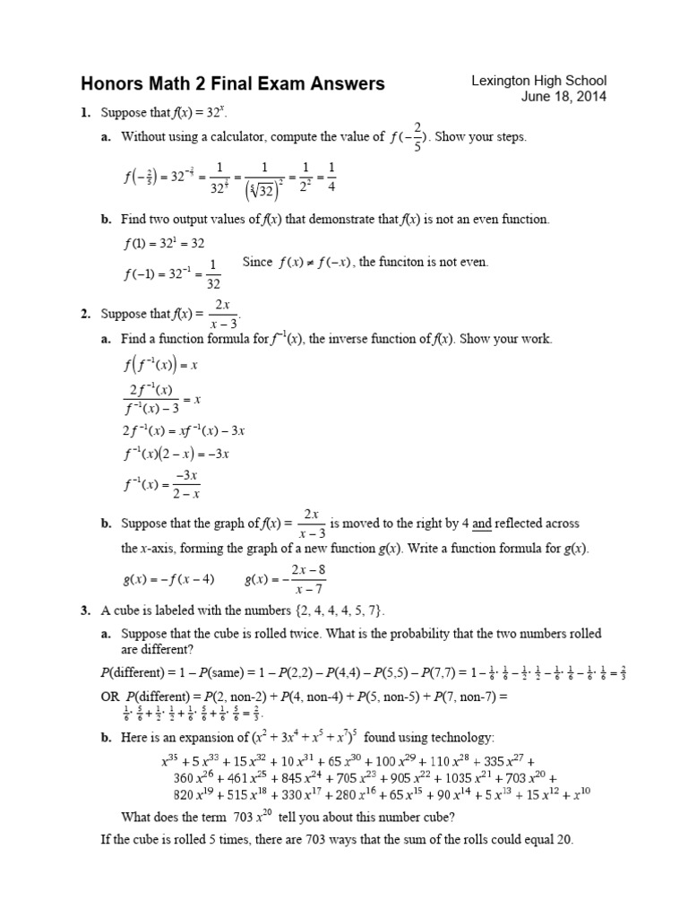 Honors Math 2 Final Exam Solutions | PDF | Mathematics | Mathematical ...