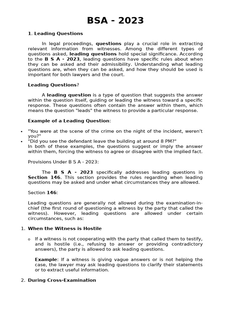 Leading Questions in BSA 2023 Explained | PDF | Burden Of Proof (Law ...