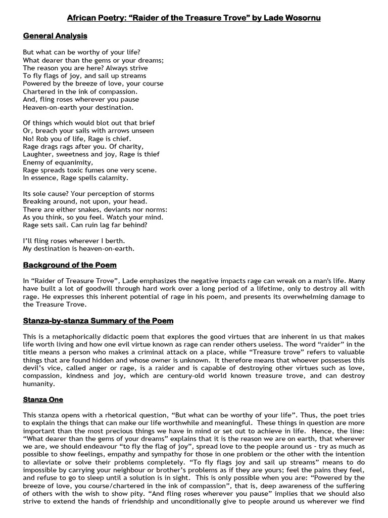 African Poetry - Raider of The Treasure Trove (Lade Wosornu) | PDF | Poetry | Anger