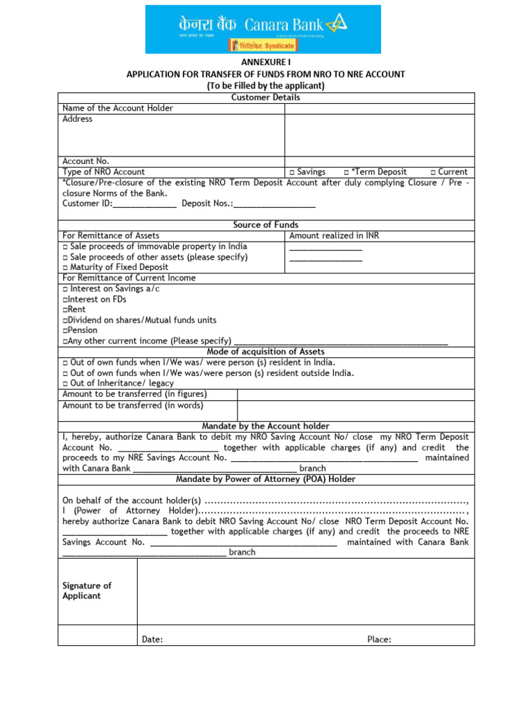 APPLICATION FOR TRANSFER OF FUNDS FROM NRO TO NRE ACCOUNT | PDF | Banks ...