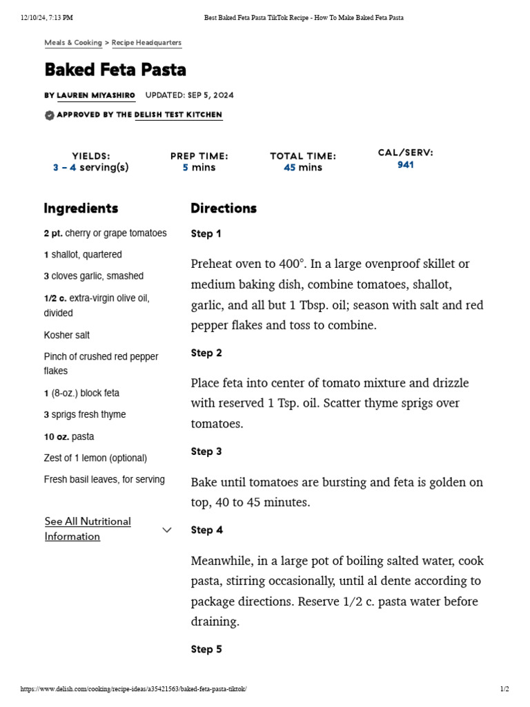 Baked Feta Pasta Recipe | PDF | Pasta | Garlic